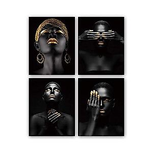 Ryyllh Minimalist Art Painting African American Wall Art Set of 4 Black Woman Fashion Gold Earrings Necklace For Girl Room Home Decor No Frame 8x10 inches 8 x 10 Inch