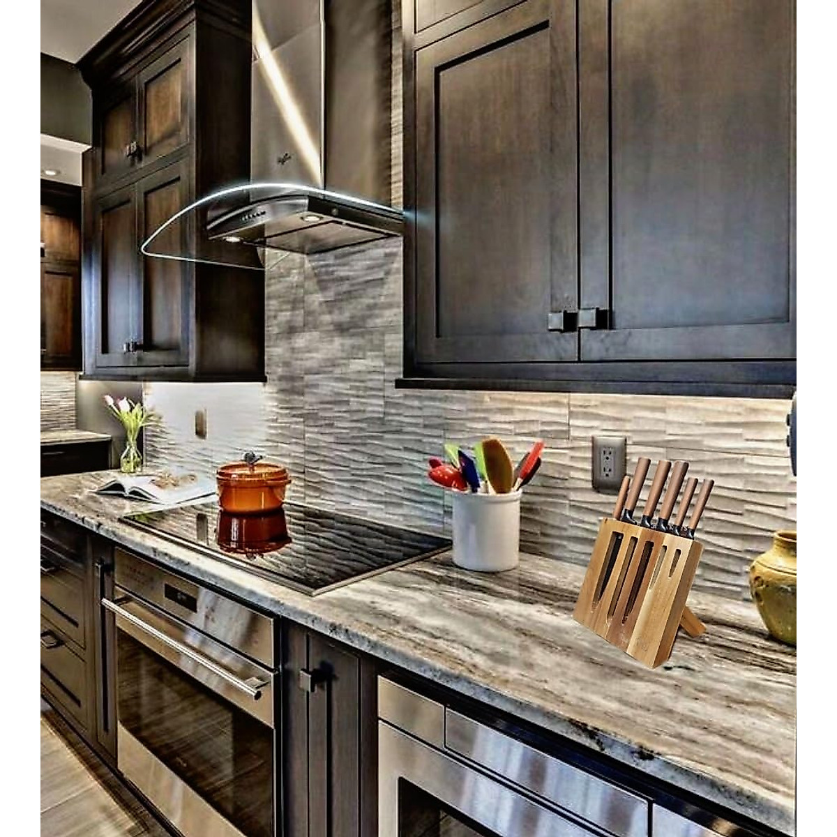 Knife Set with Block, KAV 7pc Kitchen Knives and Sharpening Rod, Stainless Steel Knife Set in High Carbon Matte Black, Chef's Slicing Bread Utility Knifes, Modern Wooden Block Open Face