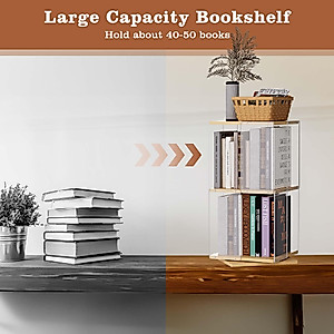 tonchean Rotating Bookshelf, 2-Tier Acrylic Bookcase Clear Floor Standing Display Case Bamboo Book Display Shelf for Classroom Playroom Bedroom Living Room
