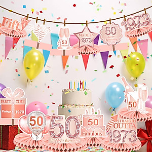 Happy 50th Birthday Rose Gold Table Honeycomb Centerpieces Balloons Theme Decor Table Decorations Table Toppers for Girls Women Sweet Princess 50 Years Old Pink Birthday Party Bday Supplies Ornament