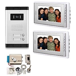 AMOCAM 2 Units Apartment Video Intercom System + Electronic Door Lock Video Door Phone Kit, 1 pcs Night Vision Camera, 2 pcs 7 Inches Monitor Wired Video Doorbell System