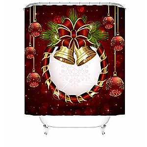 4 Pcs Christmas Bells Shower Curtain Sets with Non-Slip Rug, Toilet Lid Cover and Bath Mat Red Bows Snowflakes Shower Curtains with 12 Hooks Waterproof Decorative Bath Curtains-red