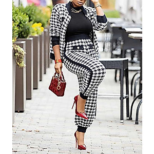 SOMTHRON Women’s Houndstooth Print 2 Piece Outfit Zip Up Long Sleeve Jacket Elastic High Waist Long Pants Set Work Suits Tracksuit BL-XL