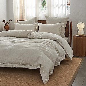 Simple&Opulence 100% Washed Linen Duvet Cover with Embroidered, 3 Pieces Soft Farmhouse Comforter Set with Button Closure,1 Duvet Cover and 2 Pillowshams (California King,Natural Linen)
