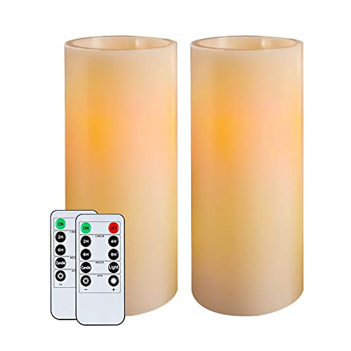 Homemory 9" x 3" Flameless Candles Battery Operated, Flickering LED Pillar Candles with Timers and 2 Remote Controls, Indoor Only, Flat Top, Ivory White Wax, Set of 2