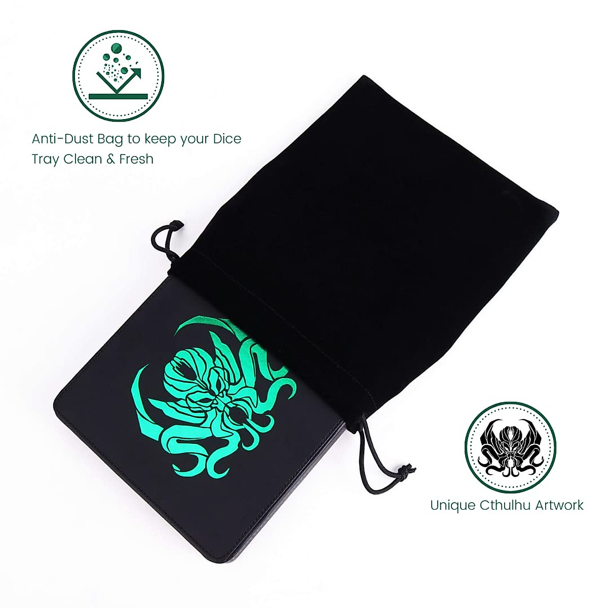 Guarida Dice - 7" Rolling Dice Tray with Strong Magnetic Lid and Rolling Surface - Ample Storage and Case Organizer for All Your Dice and Minis! Perfect for DND or Any Dice RPG Games - Green Cthulhu
