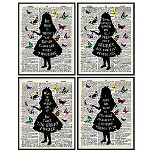 Alice Wonderland Wall Decor Quote Set - 8x10 Dictionary Art Photo Prints - Kids or Girls Bedroom Decor, Room Decorations - Wonderful Gift - Unframed Poster with Butterflies