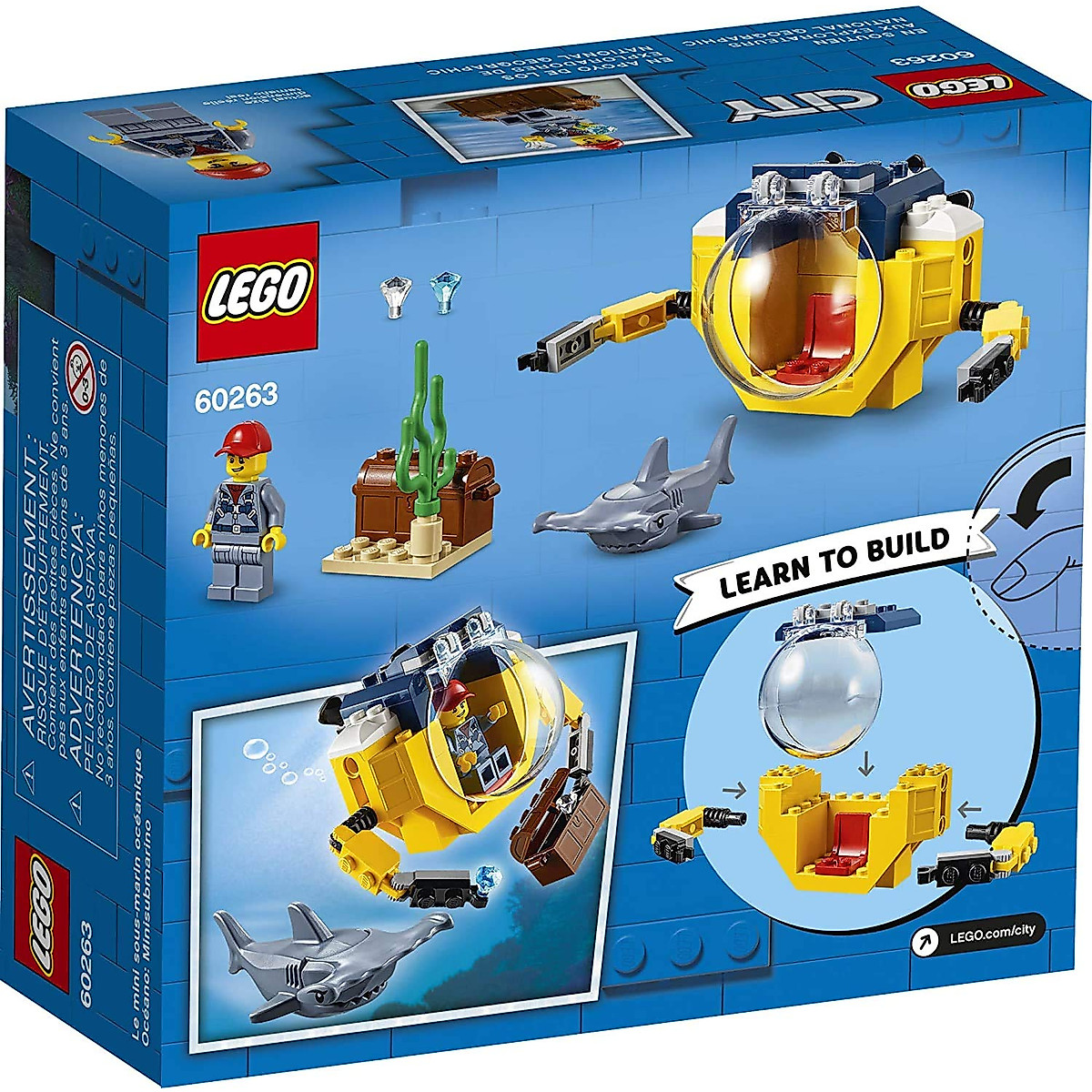 LEGO City Ocean Mini-Submarine 60263, Underwater Playset, Featuring a Toy Submarine, Pirate Treasure Chest, Hammerhead Shark Figure and a Pilot Minifigure, Great Gift for Kids (41 Pieces)
