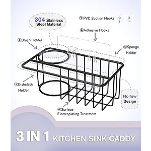 VIS'V 3 in 1 Sink Caddy Sponge Holder, 304 Stainless Steel Adhesive Kitchen Sink Basket Sponge Holder Brush Holder Dishcloth Hanger Kitchen Sink Accessories Organizer Rack with 2 Suction Cups - Black