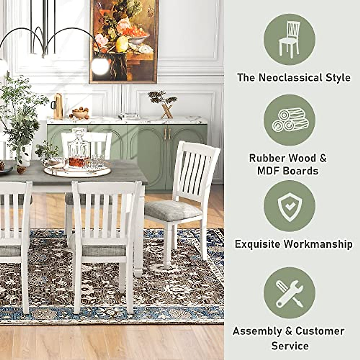 GLORHOME 6 7-Piece Dining Table Set with Upholstered Chairs-Shaped Legs for Kitchen Family-Modern and Stylish Design, Gray+White