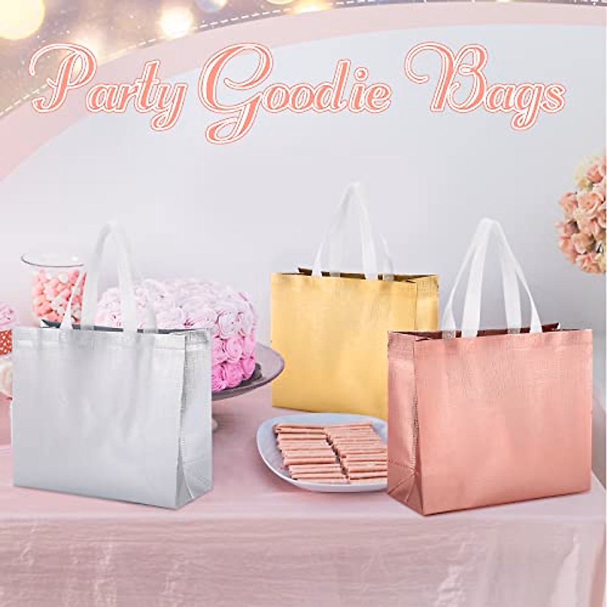 54 Pack Reusable Gift Bag Set Glossy Glitter Reusable Grocery Bag with Handle Non Woven Shopping Bags Tote Bag Wedding Gift Bag for Bridesmaid Birthday Party Wedding, Mixed Color, 11 x 12 x 4.7 Inch