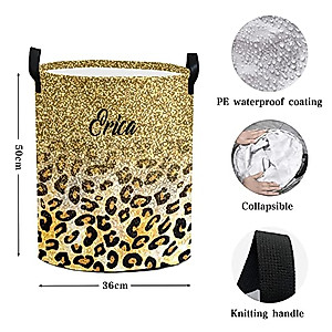 Golden Leopard Print Personalized Waterproof Foldable Laundry Basket Bag with Handle, Custom Collapsible Clothes Hamper Storage Bin for Toys Laundry Dorm Travel Bathroom
