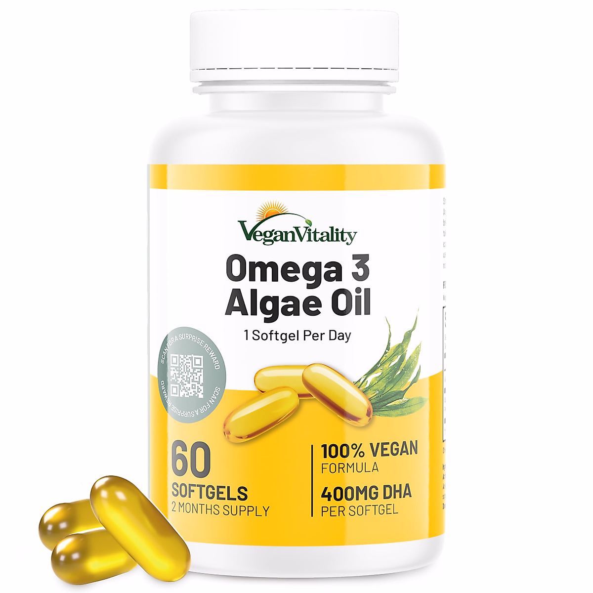 Vegan Vitality Vegan Omega 3 Supplement - 60 Plant Based Algae Oil Soft Gels Essential Fatty Acids with Vegan DHA for Joint, Heart & Immune Support Without EPA