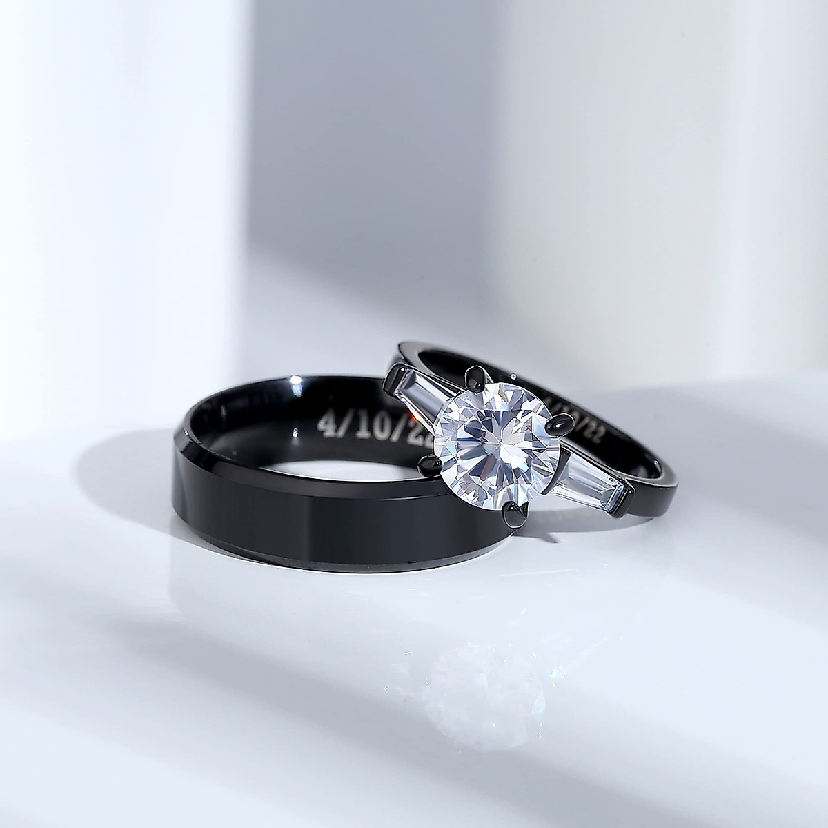 Personalized Matching Rings for Couples Set with 2 Rings Couple Rings Custom Promise Rings for Him and Her His and Hers White Stone