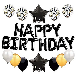 Haimimall Black Happy Birthday Sign Banner Balloons Birthday Party Decorations Black 13pcs Letters Balloons 2pcs Giant Star Foil Balloons 4pcs Confetti Balloons 10pcs Latex Balloons