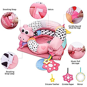 LOVVIE & JOY 2-in-1 Tummy Time & Seated Support for Newborn, Detachable Pillow Playmat with Toys and Mirror, Newborn Must Have Essentials Baby Registry Search,Pink