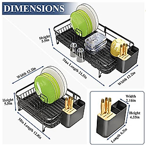 PXRACK Dish Drying Rack, Expandable(12.8"-21.5") Dish Rack with Utensil Holder Cup Holder, Stainless Steel Dish Rack and Drainboard Set for Kitchen Counter, Black