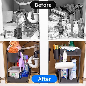 2 Sets of 2 -Tier Multi-Purpose Under Sink Organizer and Storage, Adjustable Height Pull Out Under Sink Kitchen Bathroom Cabinet with 8 Hooks and 2 Hanging Cup, Kitchen Sink Splash Guard