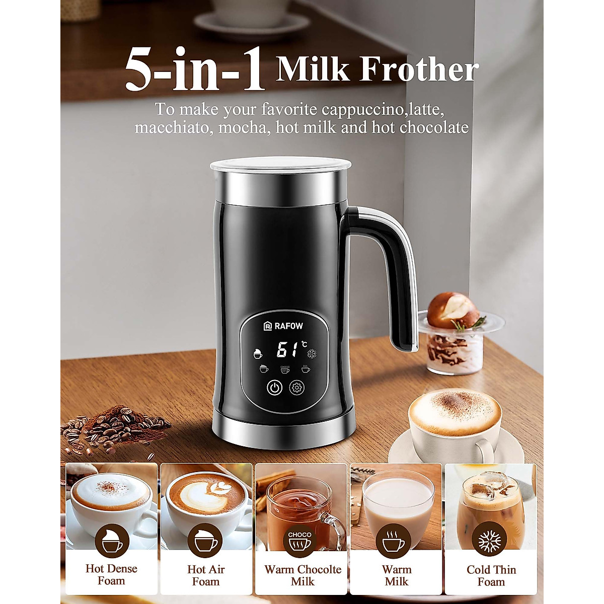 5-in-1 Milk Frother and Steamer - Upgraded Automatic Milk Steamer 11.8oz Hot & Cold Foam Maker and Milk Warmer with LED Display Touch Screen & Two Whisks for Latte,Cappuccinos,Silent Working