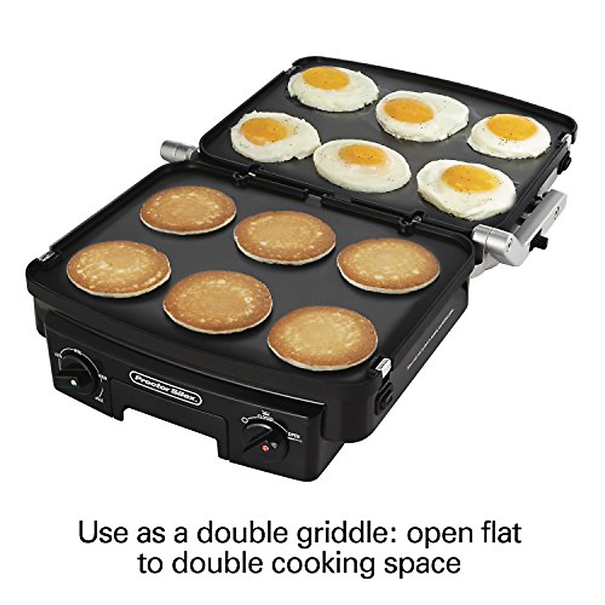 Proctor Silex 5-in-1 Electric Indoor Grill, Griddle & Panini Press, Opens Flat to Double Cooking Space, Reversible Nonstick Plates, Stainless Steel (25340R)