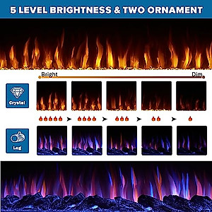 BETELNUT Electric Fireplace 50IN Wall Mounted and Recessed with Remote Control, 750/1500W Ultra-Thin Wall Fireplace Heater W/Timer Adjustable Flame Color and Brightness, Log Set & Crystal Options
