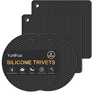 Yunlihua Silicone Trivet Mats, 4 Pack Hot Pads Pot Holders for Kitchen, Heat Resistant Non-Slip Trivets for Hot Dishes, Hot Pots and Pans, Countertop, Table, Food Grade Silicone & BPA Free, Black