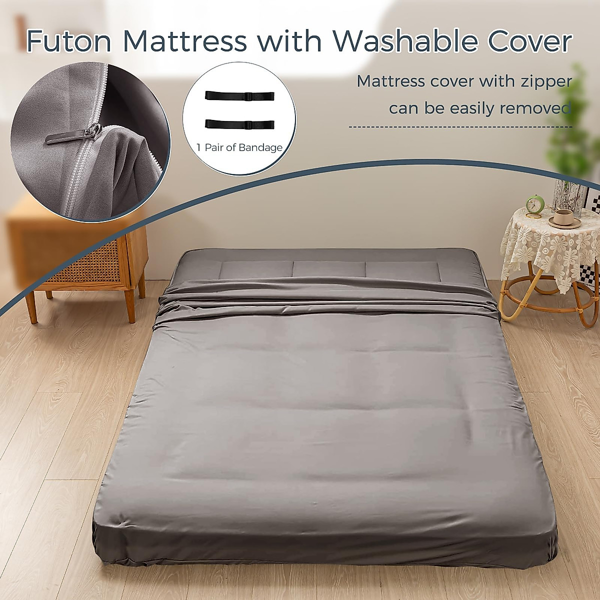 MAXYOYO 6" Extra Thick Floor Futon Mattress, Foldable Mattress Tatami Pad Floor Mattress for Adults Floor Bed Roll Up Mattress Guest Mattress, Dark Grey, Full