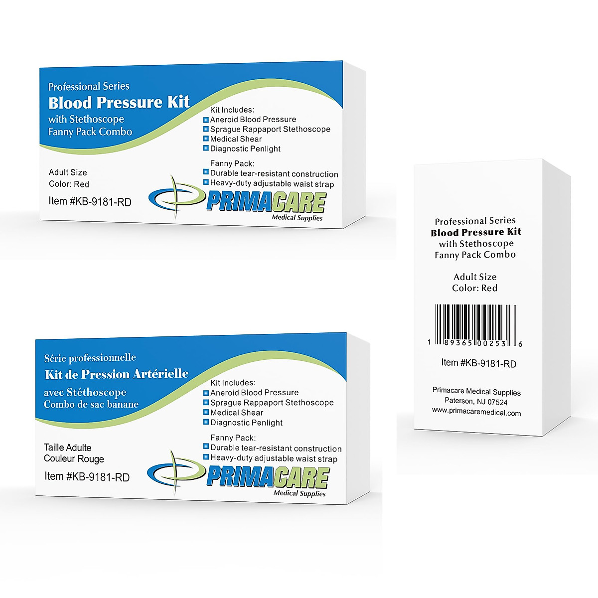Primacare KB-9181 Professional Series Blood Pressure kit with Sprague Rappaport Stethoscope, Fanny Pack Aneroid Combo for Medical Emergencies and First Aid Purposes, Red, 8x2x6 inches