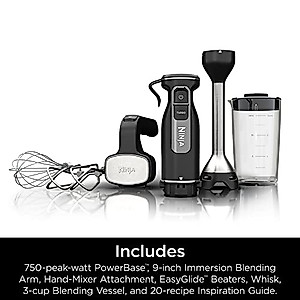 Ninja CI101 Foodi Power Mixer System, 750-Peak-Watt Immersion Blender and Hand Mixer, EasyGlide Beaters, Whisk, 3-Cup Blending Vessel, Black