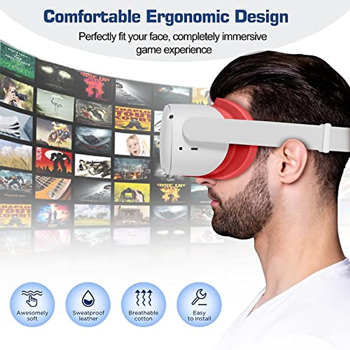 FINPAC Protective Cover Sleeve for Quest 2 Gaming VR Headset, Silicone Sweatproof Face Cover + Lens Cap + Touch Controller Grip Cover Bundle for Virtual Reality Accessories (Red)