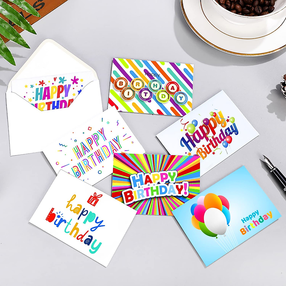 Birthday Cards Bulk, 50 Large 4x6 Inch Assorted Greeting Notes with Envelopes and Stickers, 10 Unique Designs, Thick Card Stock Box Set, Blank Inside