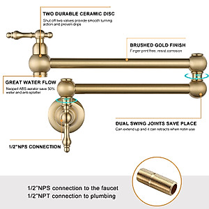 WOWOW Gold Pot Filler Faucet, Wall Mount Copper Folding Faucet 2 Handle with Double Joint Swing Arms, Single Hole Brass Commercial Kitchen Faucet Over Stove