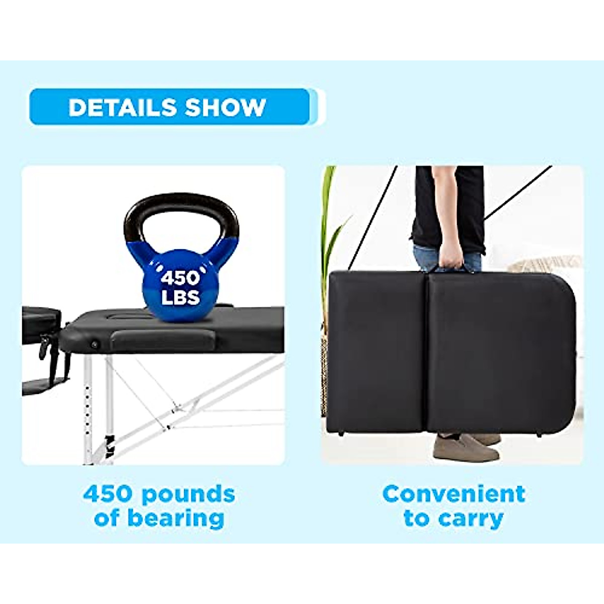 Massage Table Portable Massage Bed 3 Folding 73 Inch Height Adjustable Aluminium Salon Bed Carry Case Tattoo Table Facial Bed Hold Up to 450LBS (Black)