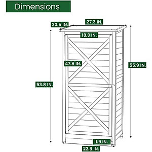 Hanover Vertical Green Wooden Shed with Shelves and Sloped Waterproof Roof with 7-Cu.Ft Storage Space (1.7'x2.25'x4.7'), Outdoor Storage Unit for Organizing Garden Supplies, Patio Accessories & Tools