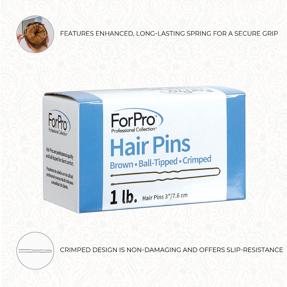 ForPro Professional Collection Hair Pins (320-Count Approx), Brown, 3" L, Ball-Tipped, Crimped, Non-Damaging, 1 Lb.