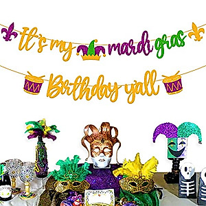 It’s My Mardi Gras Birthday Y’all Banner Carnival Fleur De Lis Shrove Fat Tuesday New Orleans Masquerade Theme Mardi Gras Party Glitter Decoration