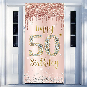Happy 50th Birthday Door Banner Decorations for Women, Pink Rose Gold 50 Birthday Party Door Cover Sign Backdrop Supplies, Fifty Year Old Birthday Poster Background Photo Booth Props Decor
