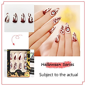 Day of the Dead Press on Nails Medium Length Halloween Fake Nails Almond False Nail with Design Halloween Horror Red Eyeball Artificial Nails Press On Full Cover Nail Tips 24Pcs