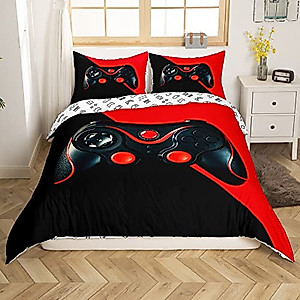 Games Duvet Cover Boys Kids Gamepad Bedding Set Video Game Controller Room Decor Comforter Cover for Teen Girls Player Modern Gamer Console Bedding,1 Duvet Cover with 2 Pillow Cases,Full,Black Red