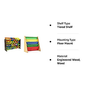 Humble Crew Kids Toy Storage Organizer, Dark Walnut/Neon Multi & Natural Wood/Primary Kids Book Rack Storage Bookshelf, 4 Tiers, Toddler