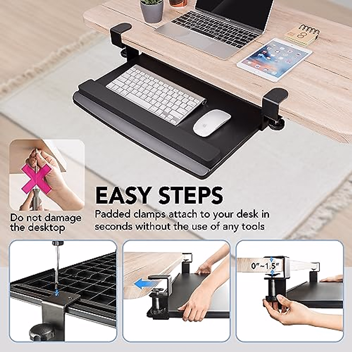 EHO Clamp-On Retractable Adjustable Keyboard Tray, Under Desk Ergonomic Keyboard Tray - Easy Tool-Free Install - Small with Wrist Rest for Enhanced Typing Comfort, Space-Saving, Surface 20" x 11.5"