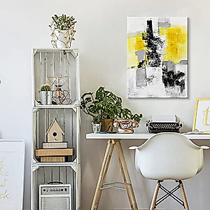 7Fisionart Gray and Yellow Abstract Canvas Wall Art Bathroom Pictures Painting Grey Black Yellow Wall Décor Modern Framed Artwork for Living Dining Room Kitchen Office Home Decorations 12"x16"