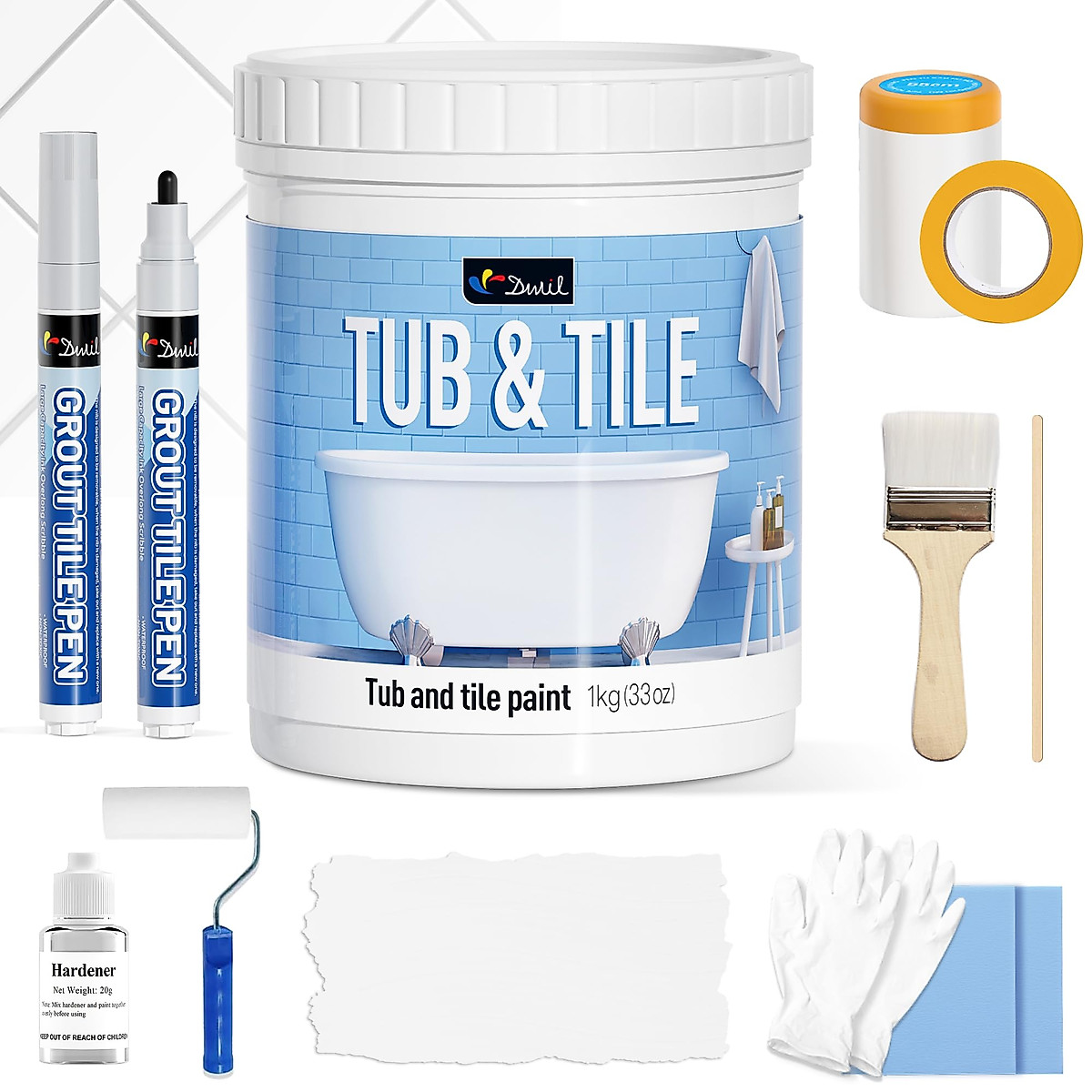 DWIL Tub Paint, Tub and Tile Refinishing Kit 35oz with Tools and 2 Grout Pen, White Bathtub Paint Water Based &Low Odor, Easy to Use Sink Paint for Bathroom Kitchen, Semi-Gloss White, 50-55sq.ft