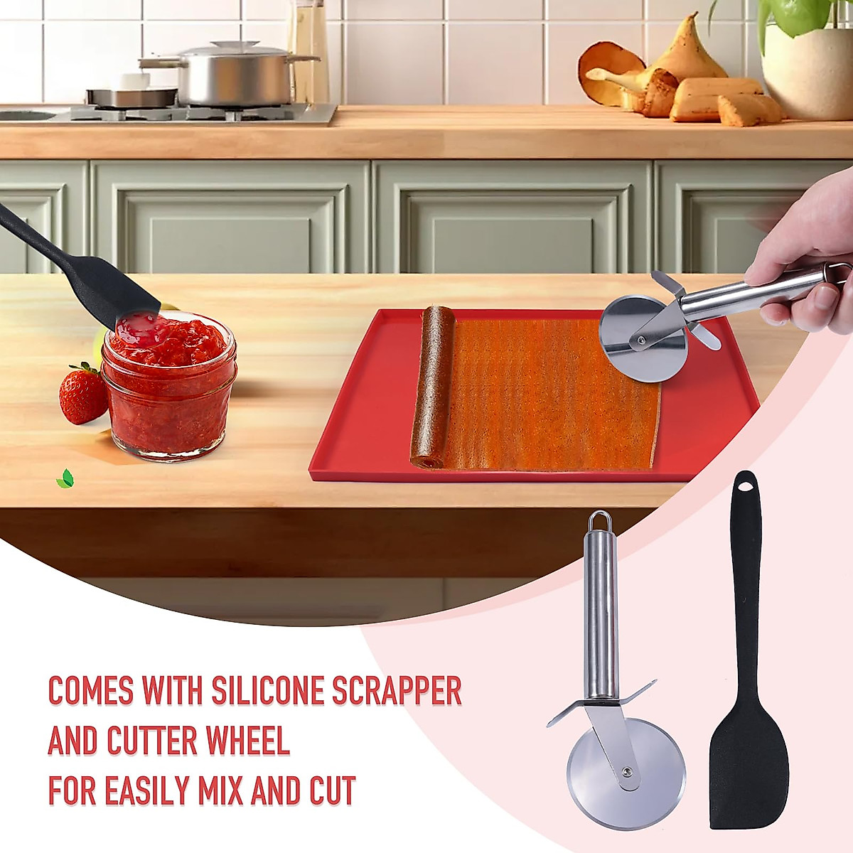 8PCS Silicone Dehydrator Trays for Fruit Leather 12 x 10 Inch Non-stick Dehydrator Mats with Edge for Fruit Vegetables Meat Herbs Liquid Crackers with Silicone Scraper and Cutter Wheel