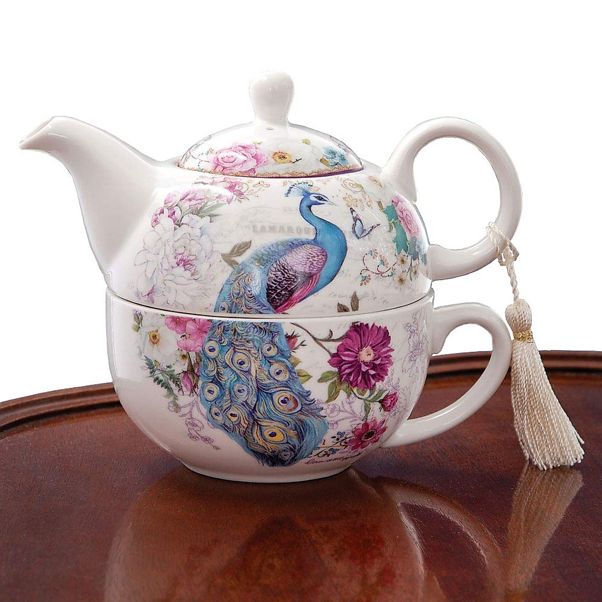 Bits and Pieces - Tea For One Peacock Porcelain Teapot and Cup Set - Elegant Peacock Design With Delicate Tassel on Teapot Handle Makes Great Decoration - Includes Decorative Gift Box