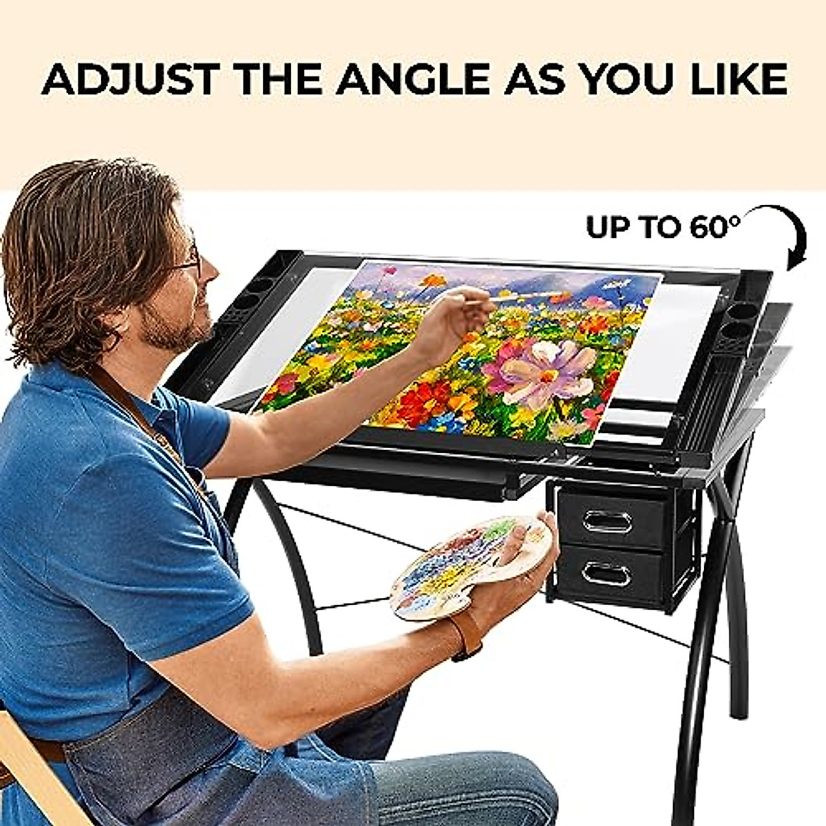 ComfyCorner Drafting Table for Artists, Adjustable Drawing Desk with Tempered Glass Tabletop, Tilting Draft Workstation Table with w/2 Drawers and Tray, Black