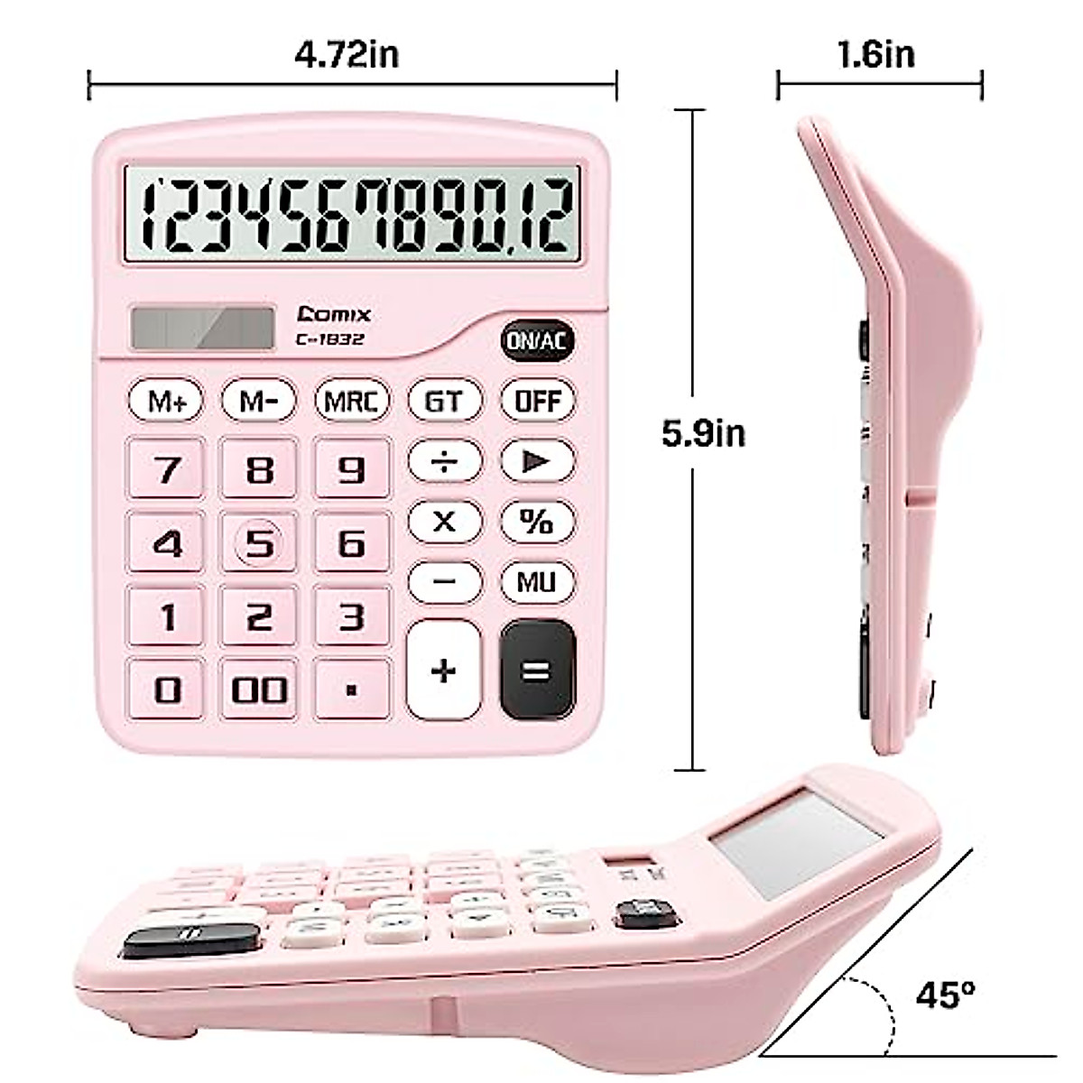 Comix Desktop Calculator 12 Digit with Large LCD Display and Big Button, 12 Digits Baisc Calculator, Solar Battery Dual Powered, for Office Home School C-1832(Pink)