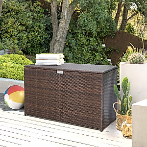 Patiorama Outdoor Wicker Storage Box Patio Aluminum Frame Espresso Brown Wicker Cushion Storage Bin Deck Box, 120 Gallon