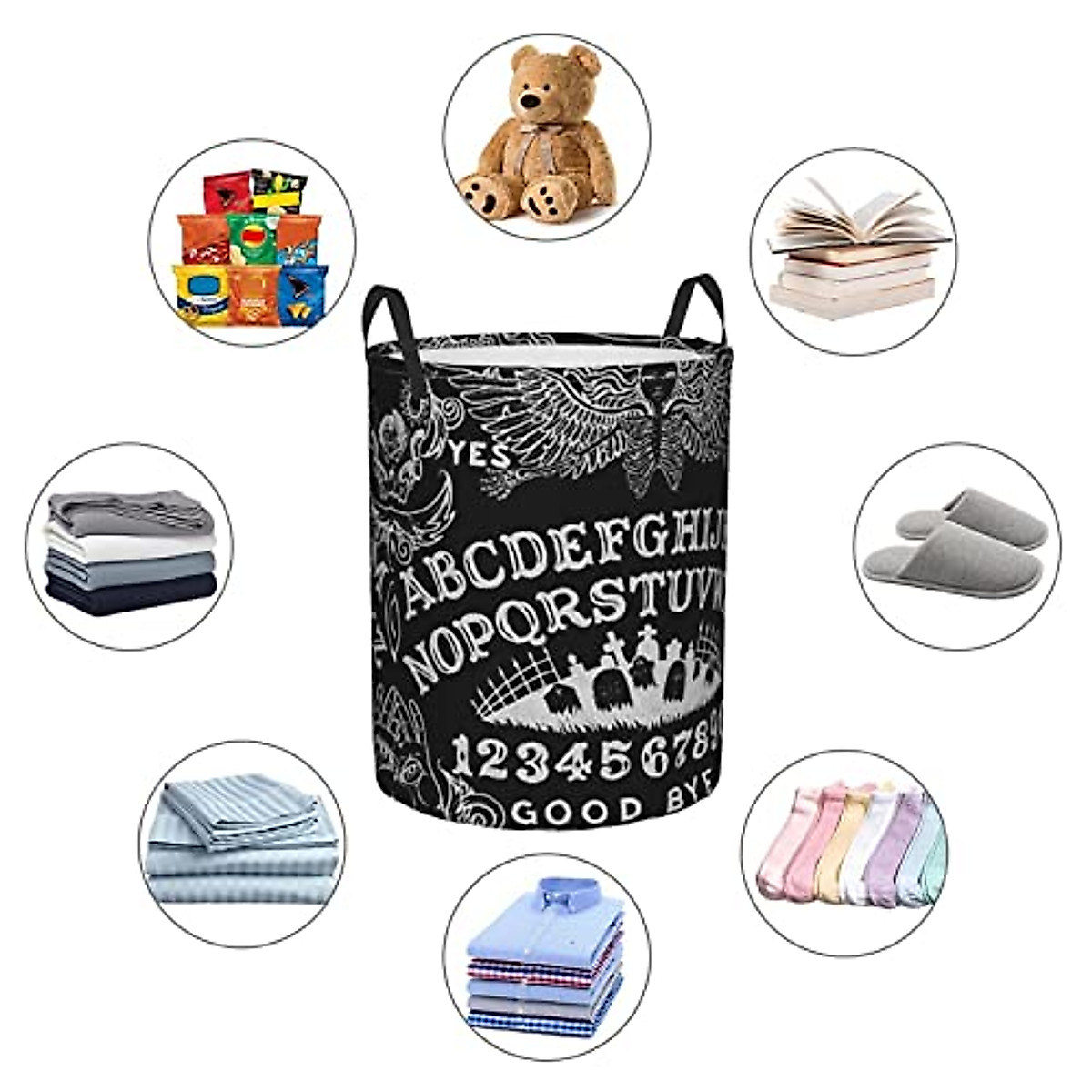 Ouija Board Black Large Laundry Basket, Laundry Hamper with Handle Collapsible Dirty Clothes Hamper Round Storage Basket for Bedroom Clothes Storage