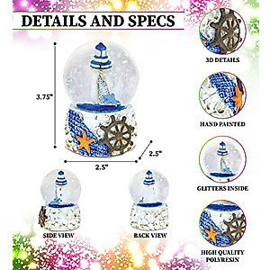 Puzzled Resin Seashell with Blue Lighthouse Snow Globe (65mm), 3.5 Inch Figurine Intricate & Meticulous Detailing Art Handcrafted Tabletop Centerpiece Accent Nautical Ocean Sea Life Theme Home Décor